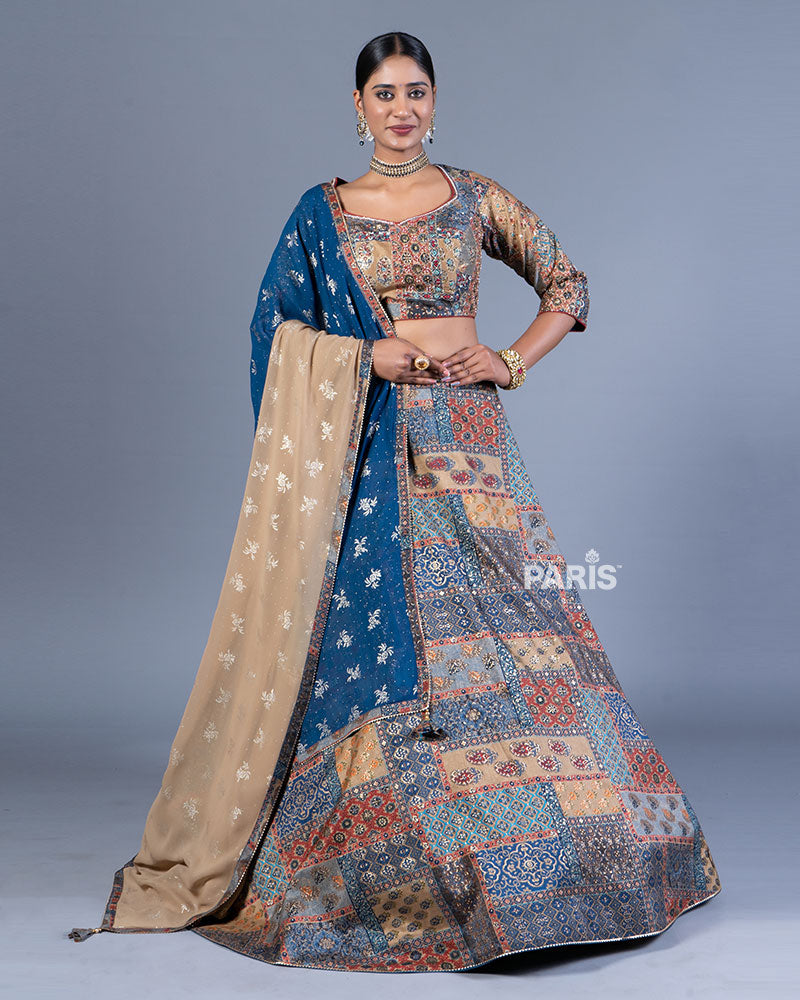 Beige and Blue Patchwork Lehenga Choli with Maroon Dupatta