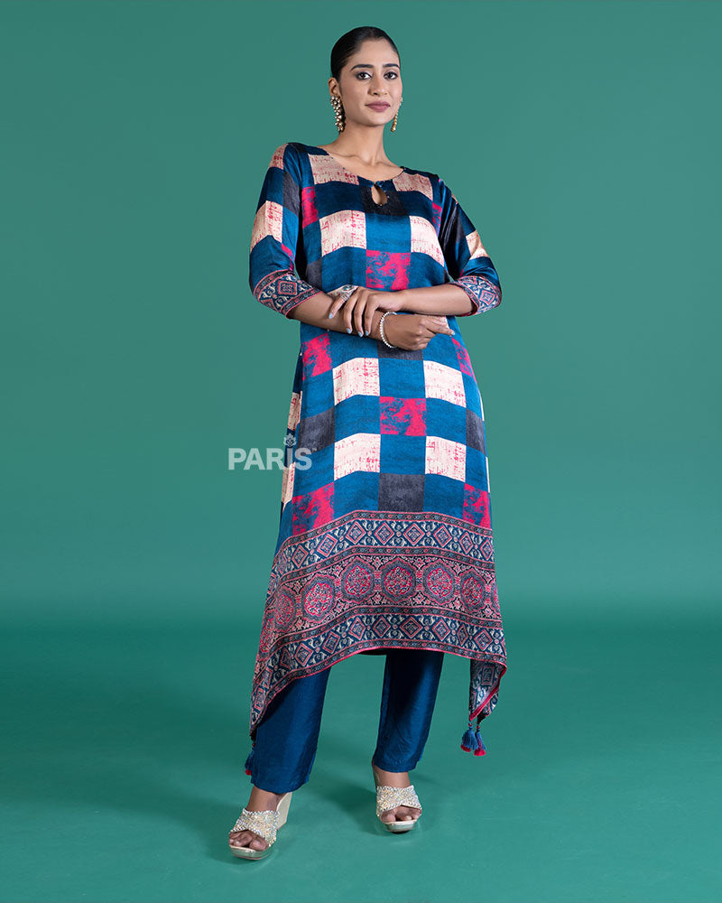 Deep Blue and Geometric Floral Border Satin A-Line Kurta with Matching