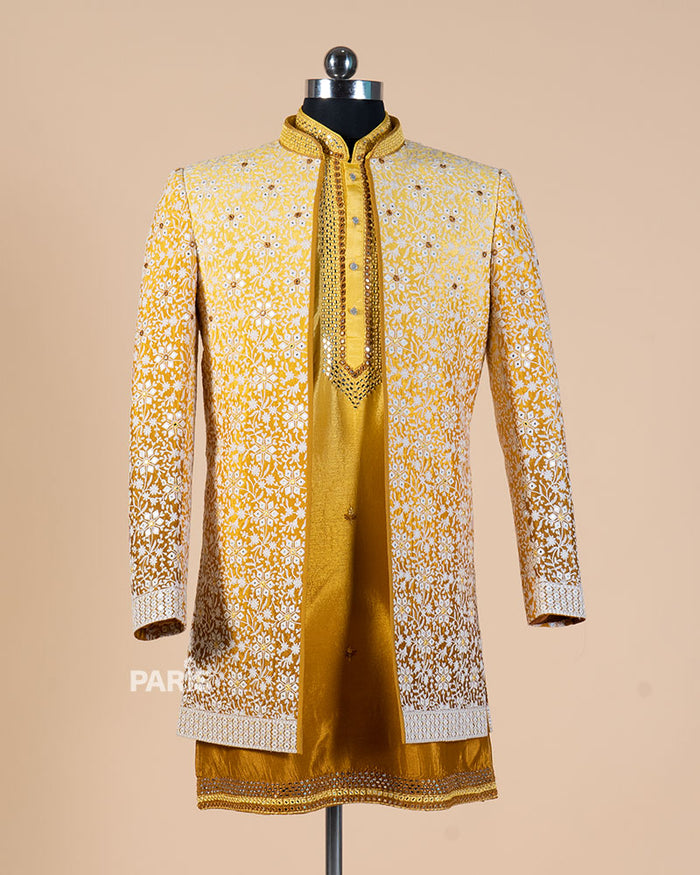 Mustard Golden Yellow Embroidered Kurta & Jacket Set with Pajama