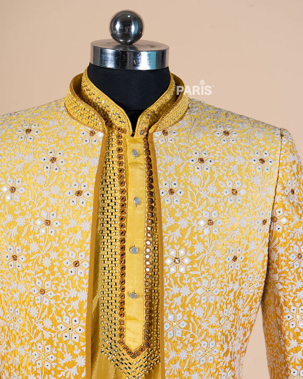 Mustard Golden Yellow Embroidered Kurta & Jacket Set with Pajama