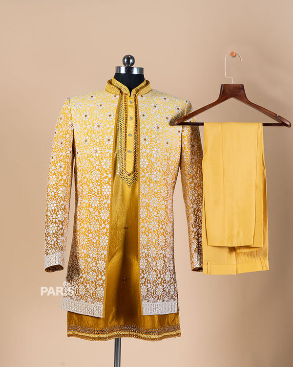 Mustard Golden Yellow Embroidered Kurta & Jacket Set with Pajama