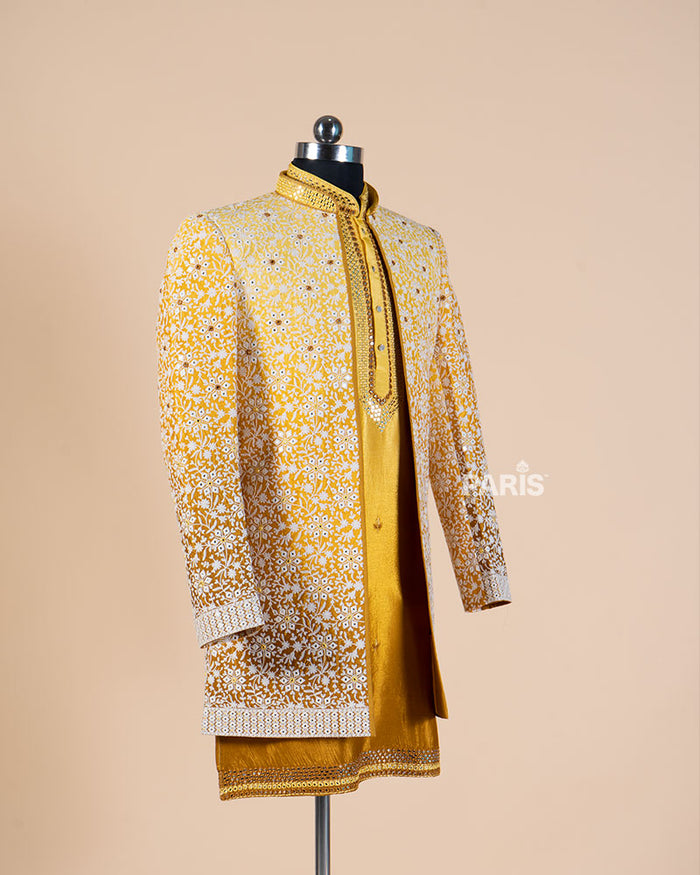 Mustard Golden Yellow Embroidered Kurta & Jacket Set with Pajama